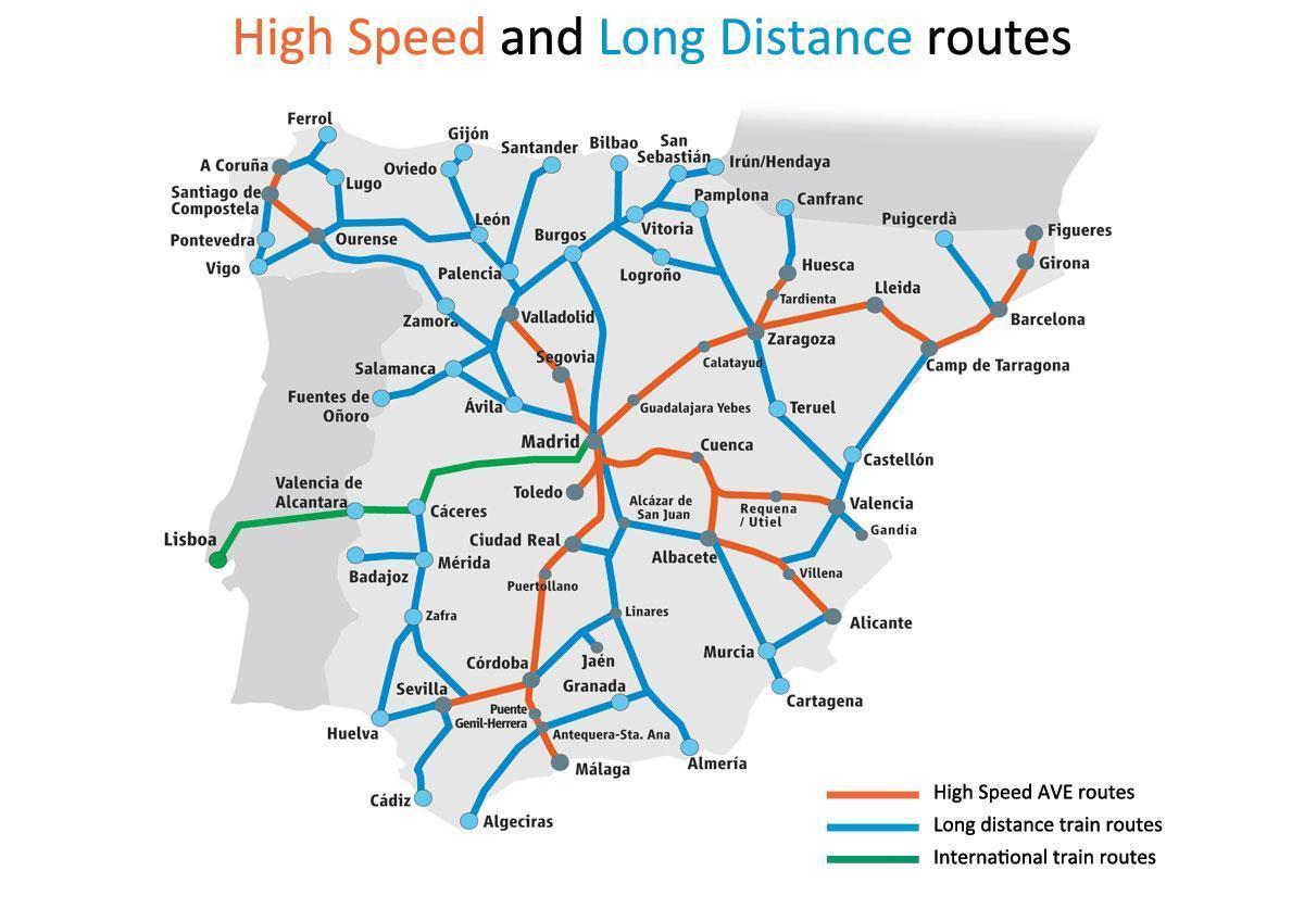 Španija visoke hitrosti železniški zemljevid - Španija hitri vlak ...